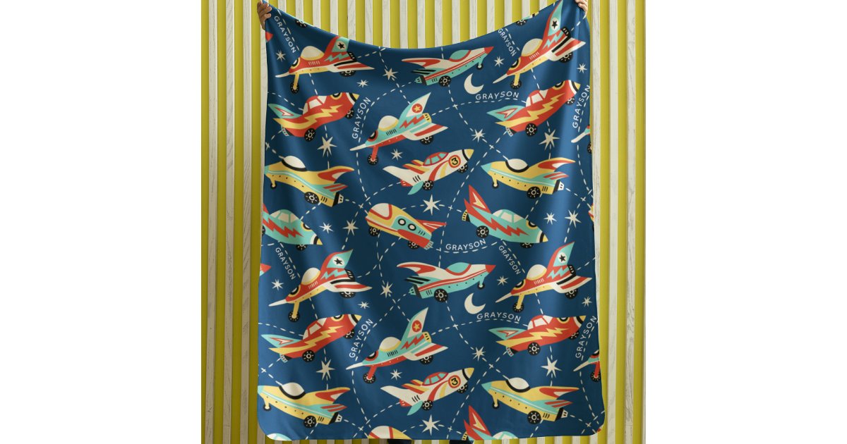 Retro Space Rocket Cars Blue Personalized Name Sherpa Blanket | Zazzle