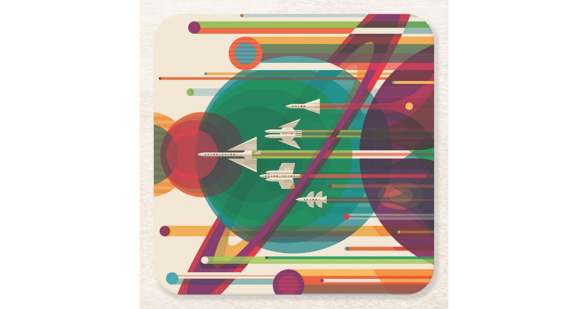 Retro Space Travel Poster- Solar System Grand Tour Square Paper Coaster ...