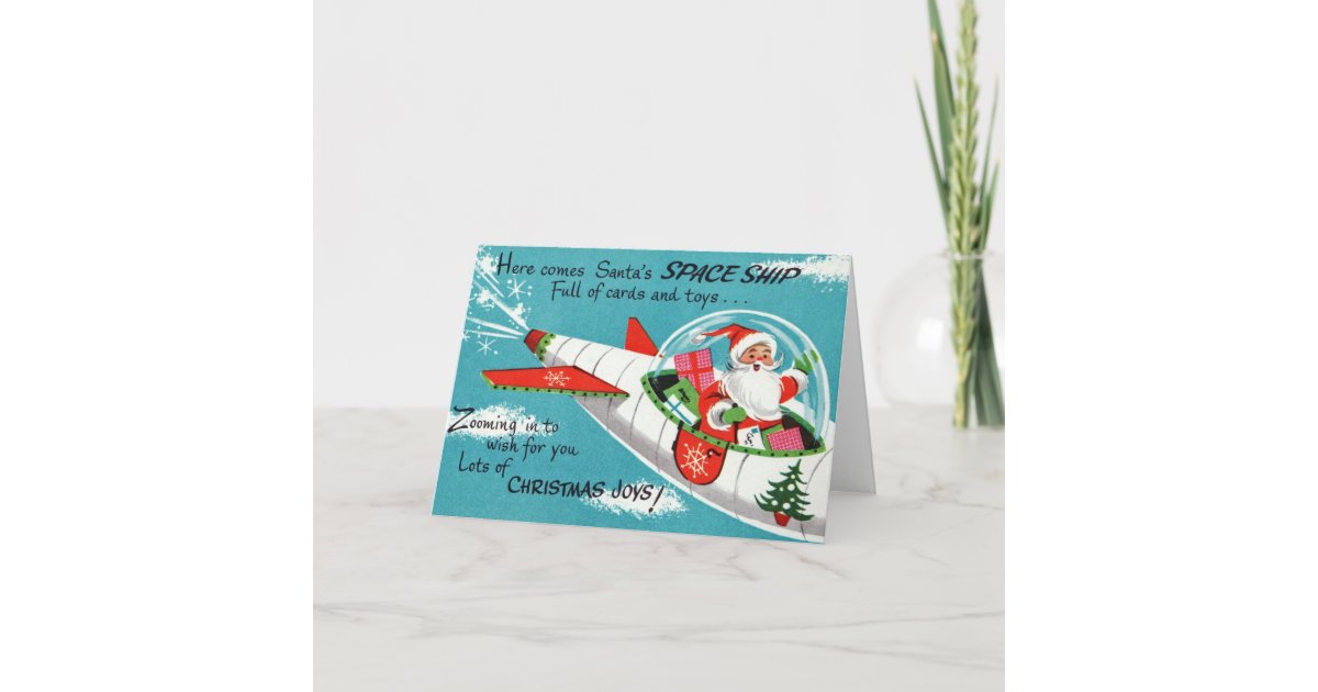 Retro Spaceship Santa Christmas Greeting Card | Zazzle