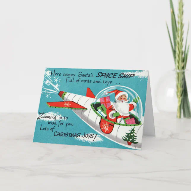 Retro Spaceship Santa Christmas Greeting Card | Zazzle