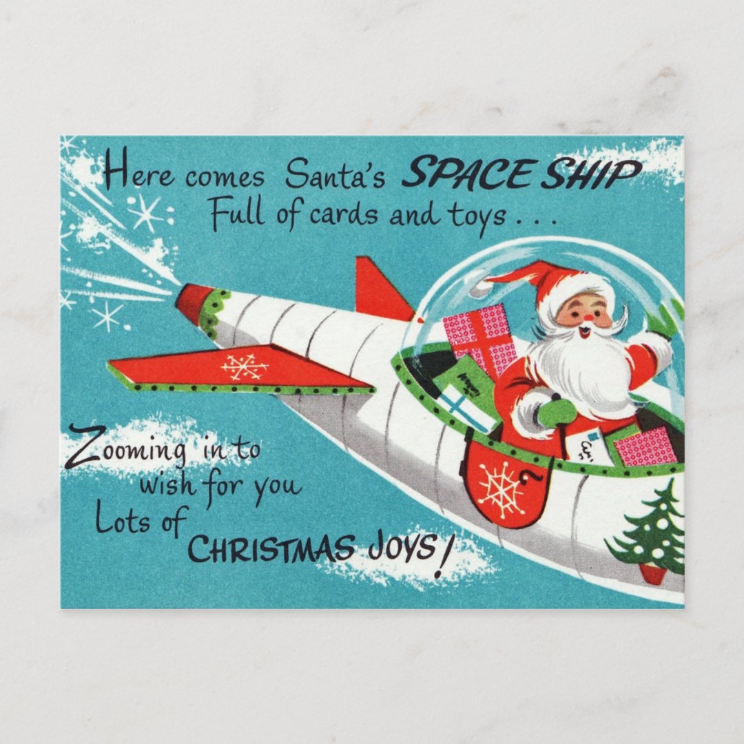 Retro Spaceship Santa Christmas Postcard | Zazzle