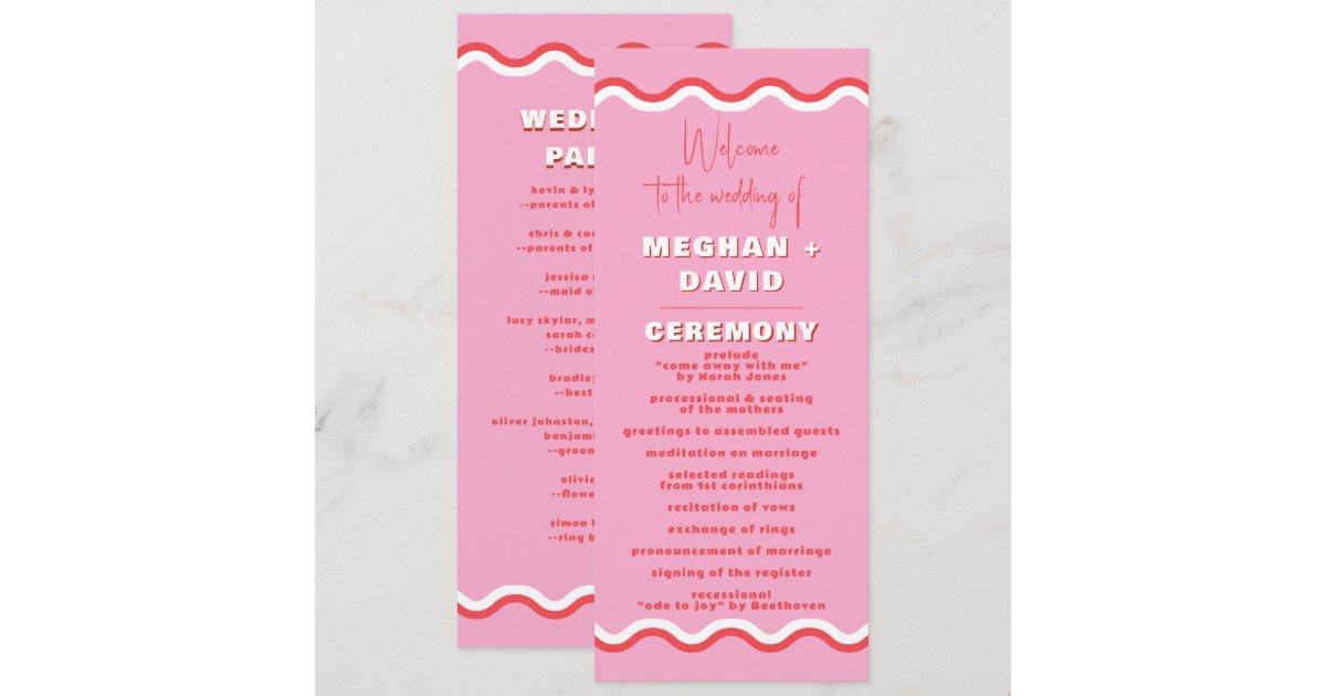 Retro Squiggle Wavy Pink Red Wedding Program | Zazzle