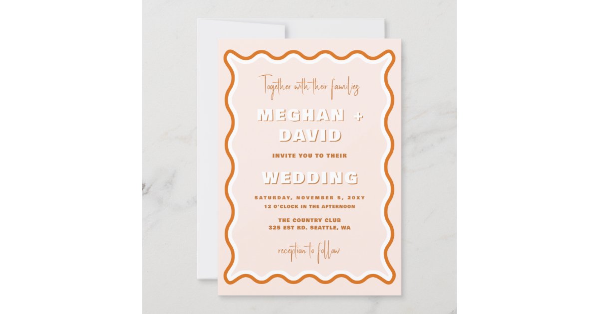 Retro Squiggle Wavy Terracotta Photo Wedding Invitation | Zazzle