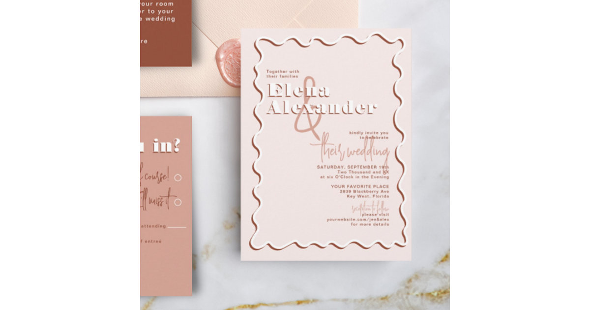 Retro Squiggly Wavy Blush Terracotta Wedding Invitation | Zazzle