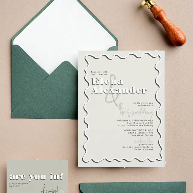Retro Squiggly Wavy Green Taupe Wedding Invitation | Zazzle