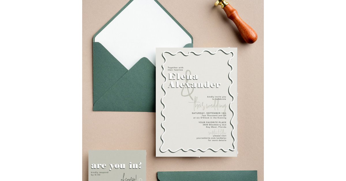 Retro Squiggly Wavy Green Taupe Wedding Invitation | Zazzle