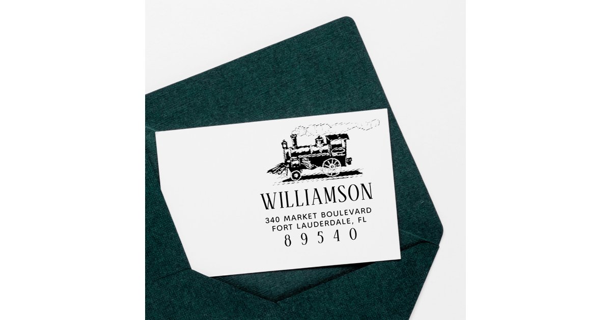 Retro Steam Train Family Name Return Address Rubber Stamp | Zazzle