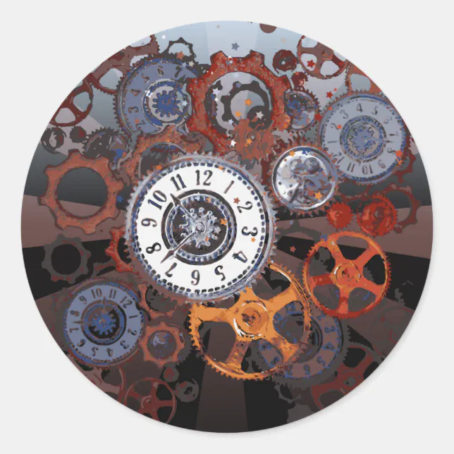 Retro steampunk watch parts, gears and cogs print classic round sticker ...