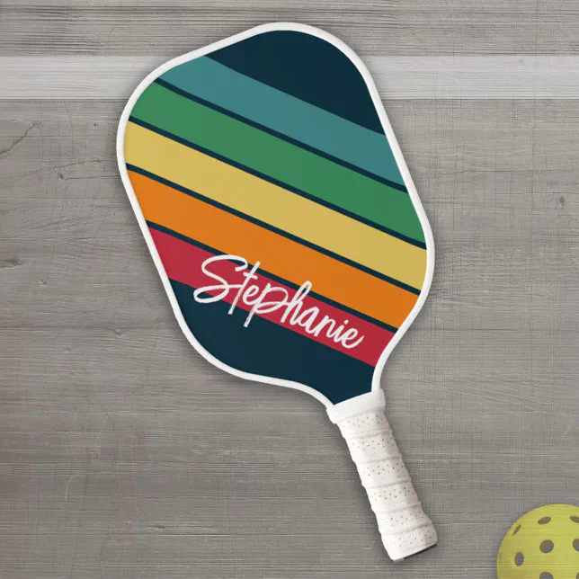 Retro stripe pattern rainbow - Script Name Pickleball Paddle | Zazzle