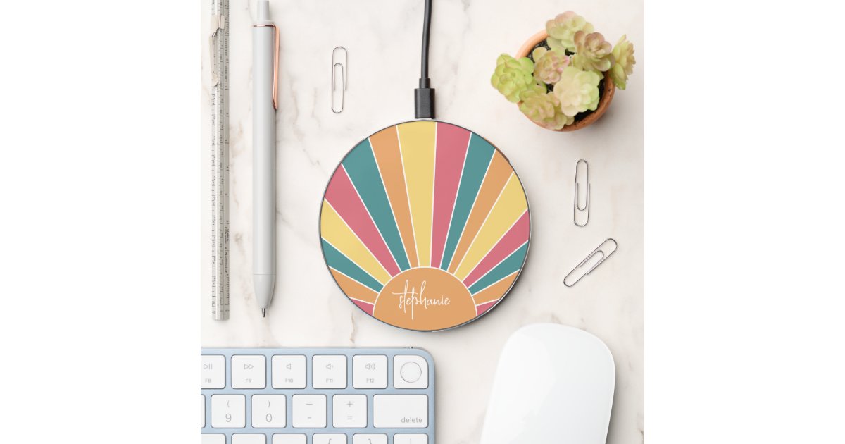 Retro stripe sunrise pastel rainbow colors script wireless charger | Zazzle