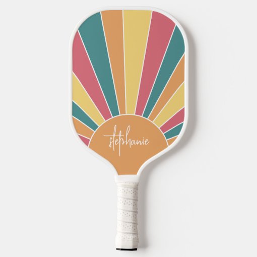 Retro stripe sunrise - pastel rainbow script name pickleball paddle ...