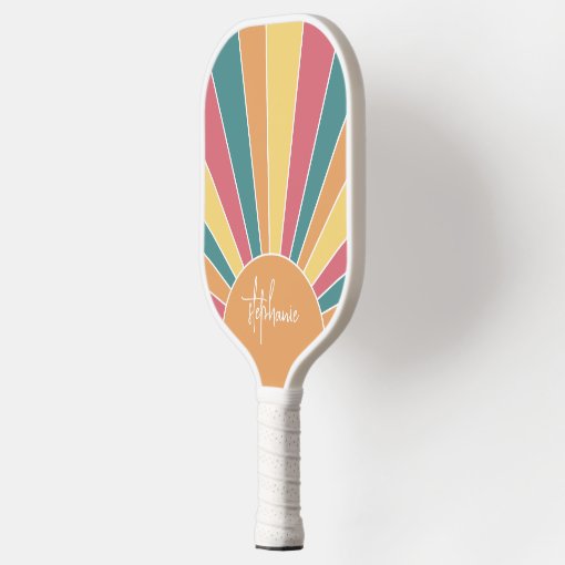 Retro stripe sunrise - pastel rainbow script name pickleball paddle ...