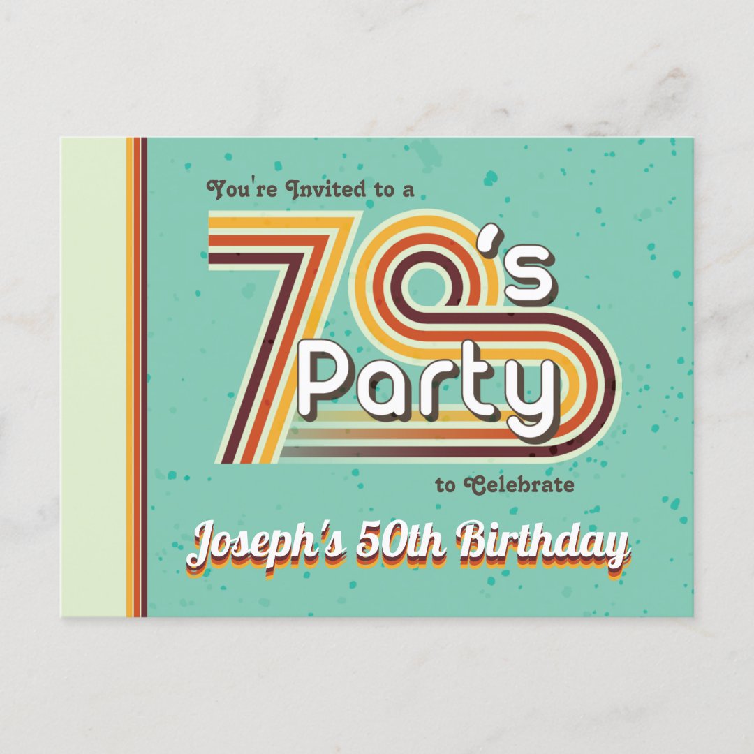 Retro Striped 70's Party Invitation Postcard | Zazzle