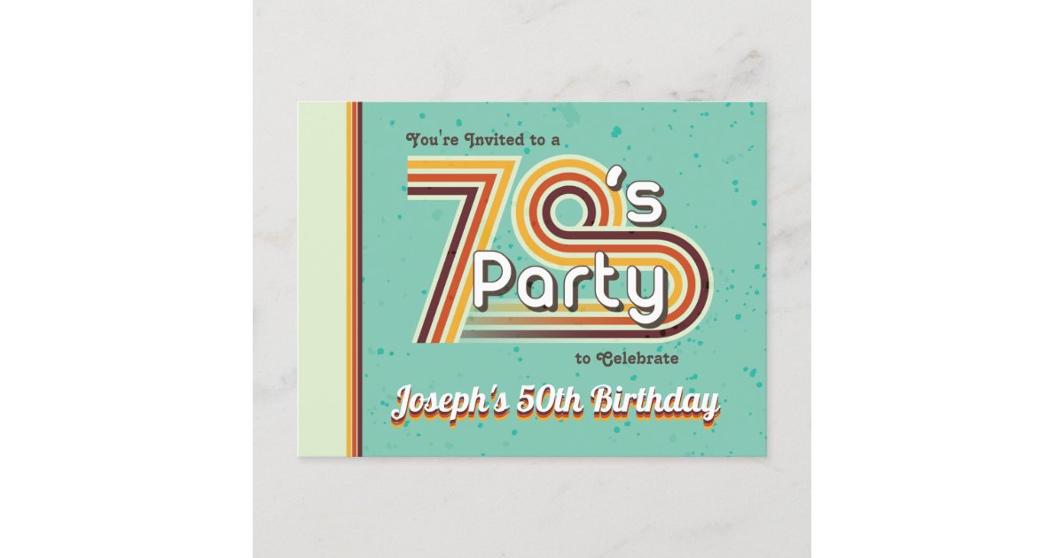 Retro Striped 70's Party Invitation Postcard | Zazzle