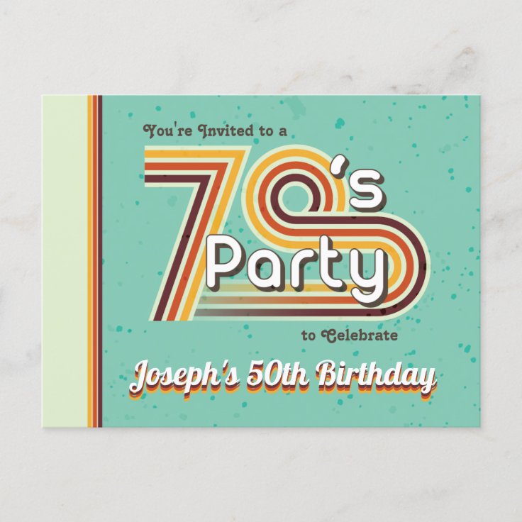Retro Striped 70's Party Invitation Postcard | Zazzle