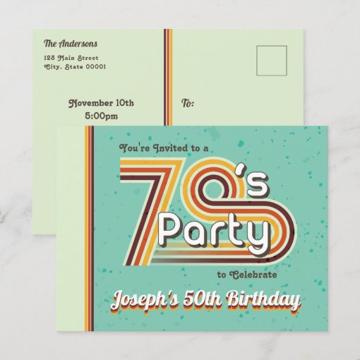 Retro Striped 70's Party Invitation Postcard | Zazzle
