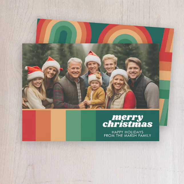 Retro Stripes - Photo - Merry Christmas Line Art Holiday Card | Zazzle