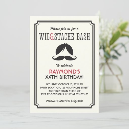 Retro stripes wig and mustache bash birthday party invitation | Zazzle