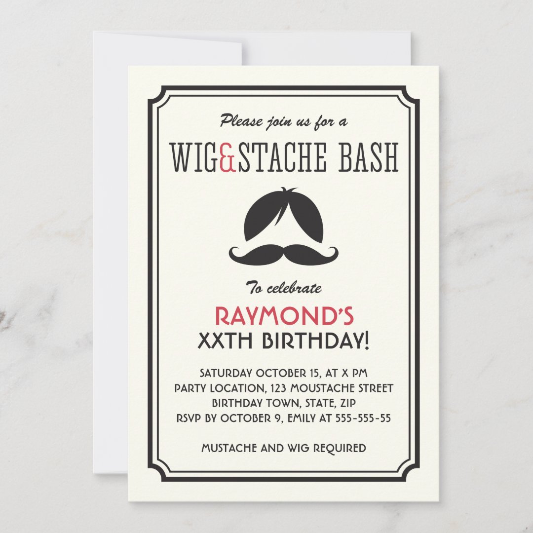 Retro stripes wig and mustache bash birthday party invitation | Zazzle