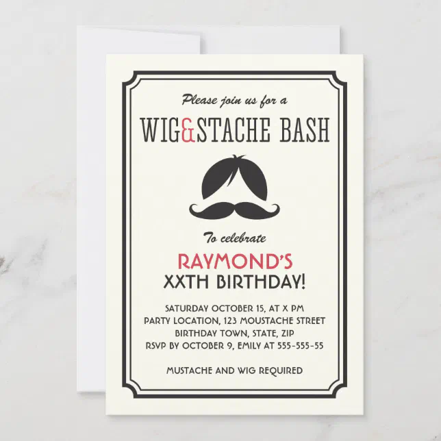 Retro stripes wig and mustache bash birthday party invitation | Zazzle