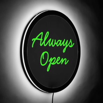 Retro Style Always Open Neon Green on Black LED Sign | Zazzle