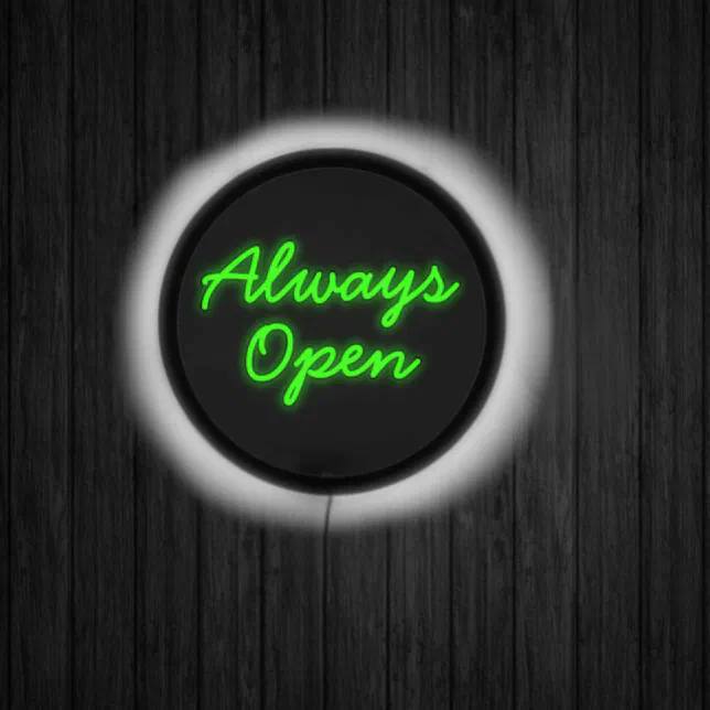Retro Style Always Open Neon Green on Black LED Sign | Zazzle