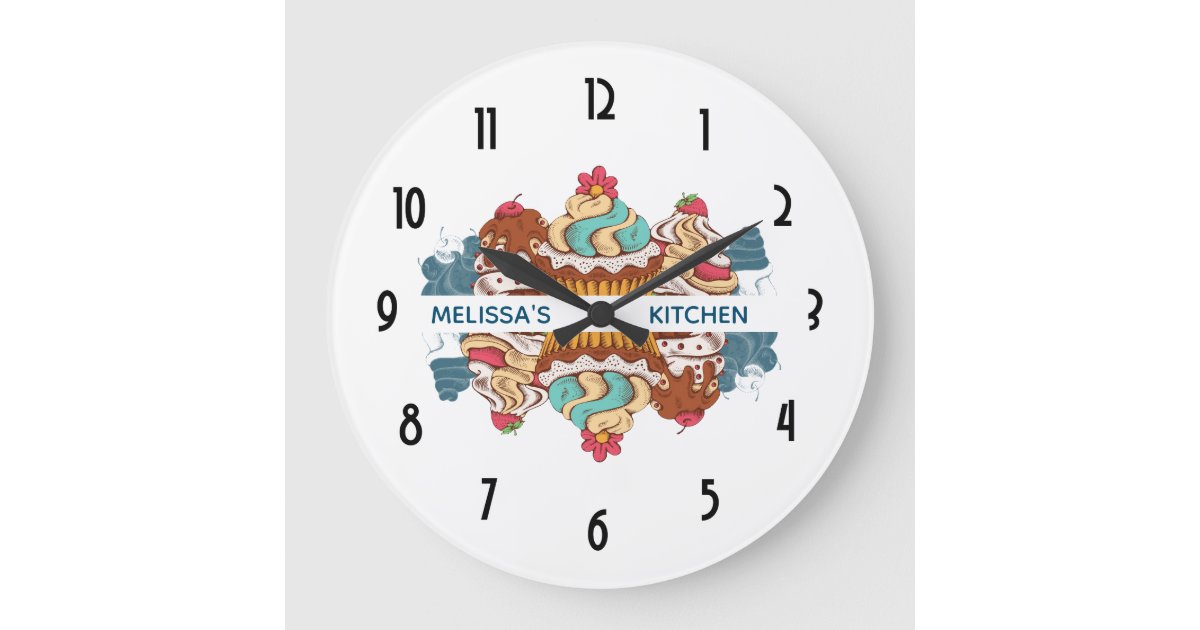 Retro Style Cupcakes Sweet Dessert Kitchen Large Clock | Zazzle