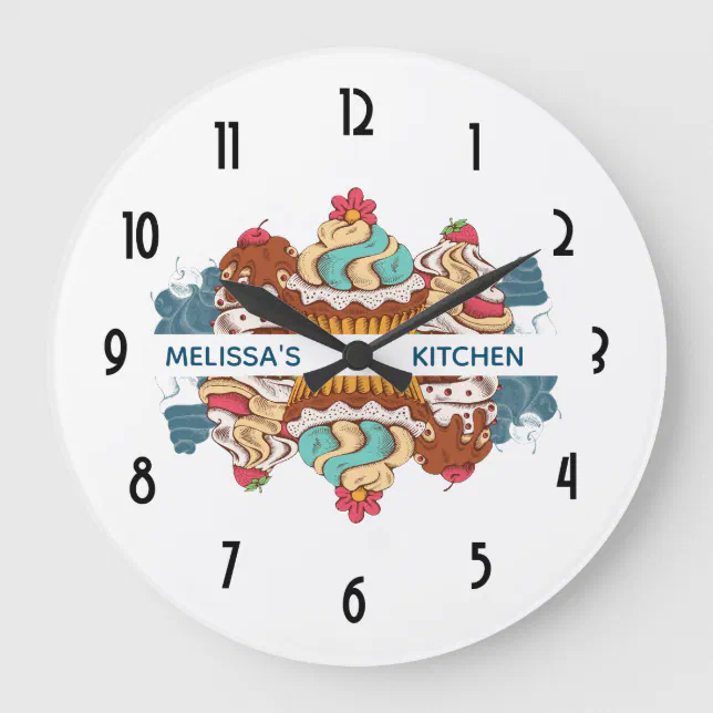 Retro Style Cupcakes Sweet Dessert Kitchen Large Clock | Zazzle