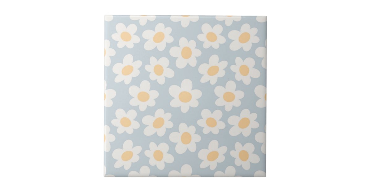 Retro style daisies in bloom on blue background ceramic tile | Zazzle