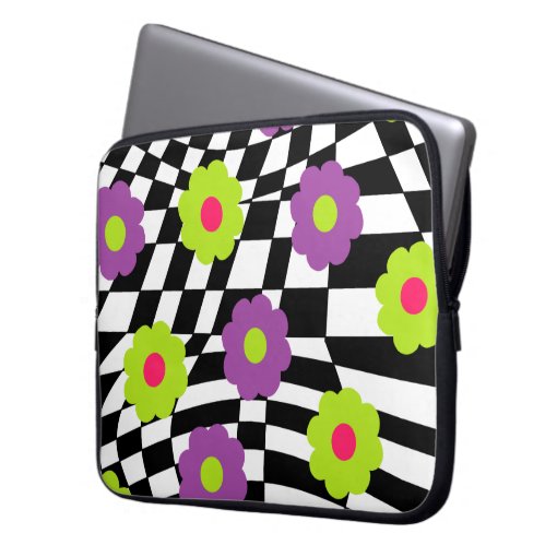 Retro Style Laptop Case with Checkers and Flowers | Zazzle