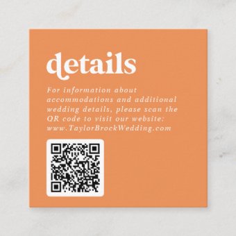 Retro Summer | Orange QR Code Wedding Details Enclosure Card | Zazzle