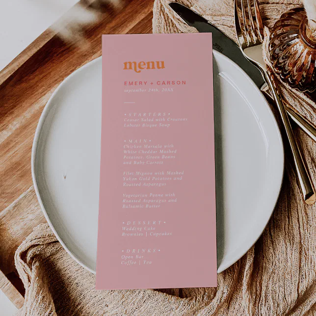 Retro Summer | Pink and Orange Wedding Dinner Menu | Zazzle