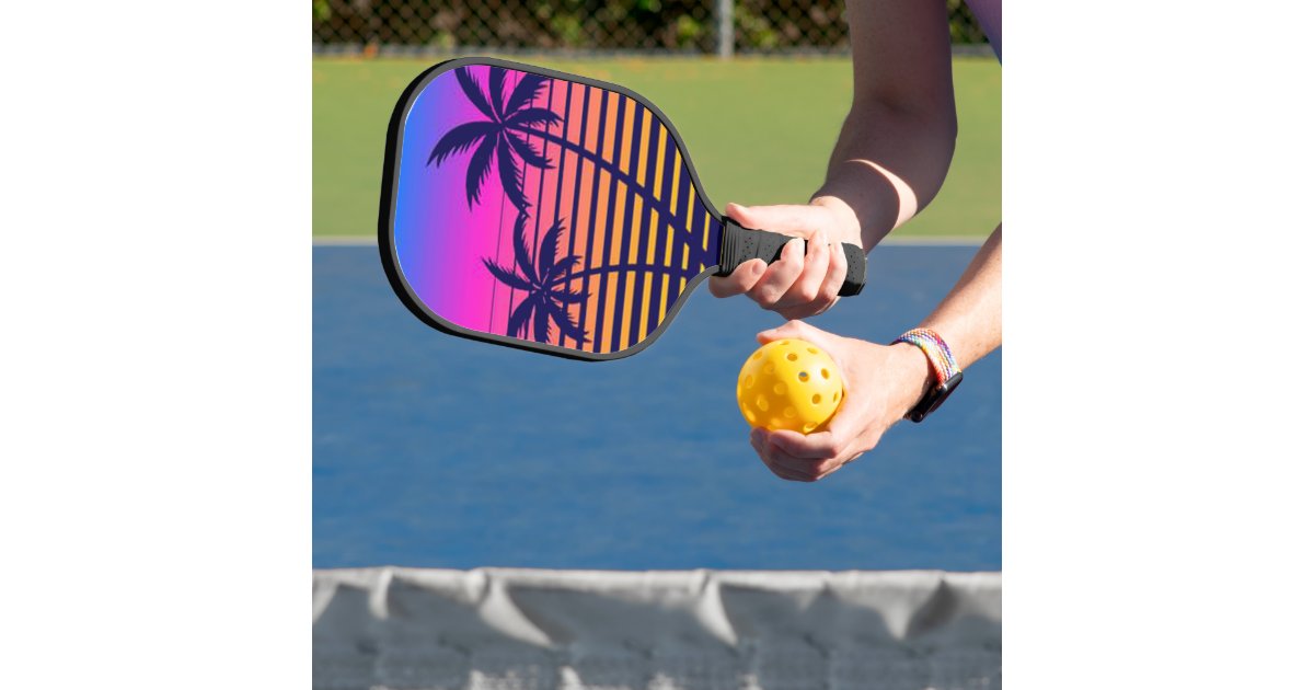 Retro sunset and palms trees pickleball paddle | Zazzle