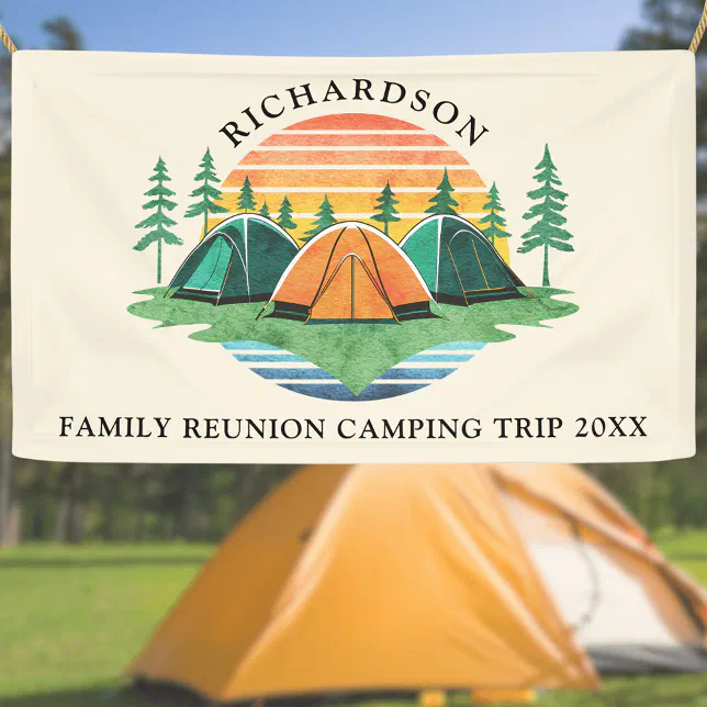 Retro Sunset Forest Camping Custom Family Reunion Banner | Zazzle