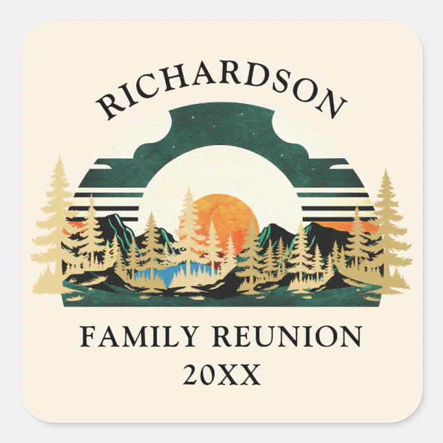 Retro Sunset Road Trip Personalized Family Reunion Square Sticker | Zazzle