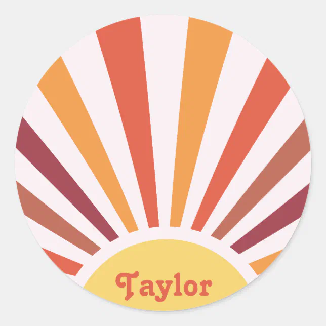 Retro Sunset Sun Rays Personalized Name Classic Round Sticker | Zazzle