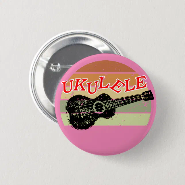 Retro Sunset Ukulele Distressed Drawing Pink Button | Zazzle