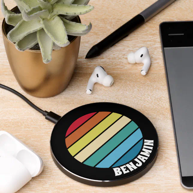 Retro Sunset Vintage 70s Vibe - Custom Name Wireless Charger | Zazzle