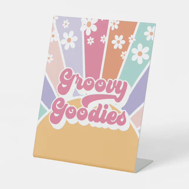 Retro Sunshine Birthday Groovy Goodies Favor Pedestal Sign | Zazzle