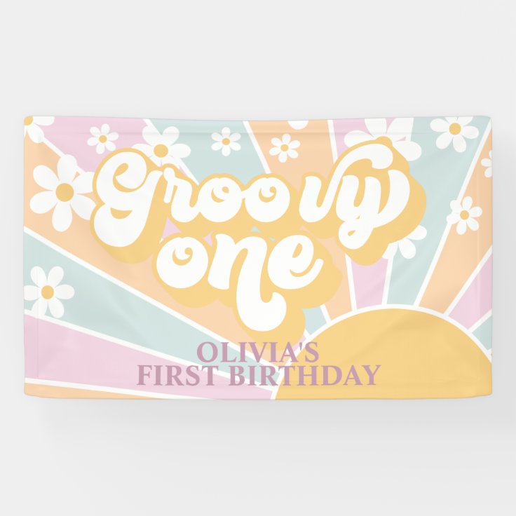 Retro Sunshine Groovy One Pastel Daisy Birthday Banner | Zazzle