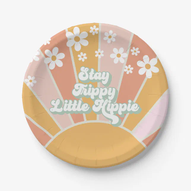 Retro Sunshine Stay Trippy Little Hippie floral Paper Plates | Zazzle