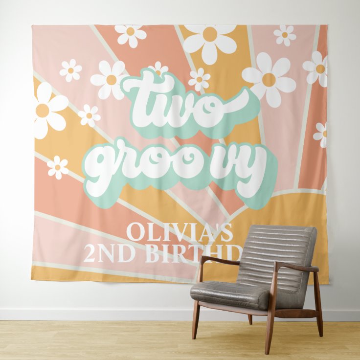 Retro Sunshine Two Groovy Daisy Birthday Banner Tapestry | Zazzle