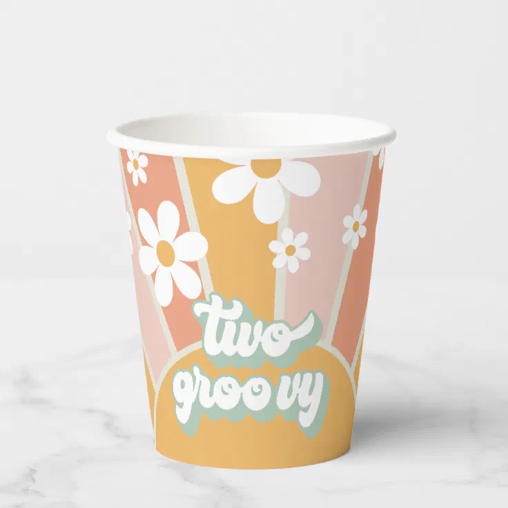 Retro Sunshine Two Groovy Daisy Birthday Paper Cups | Zazzle