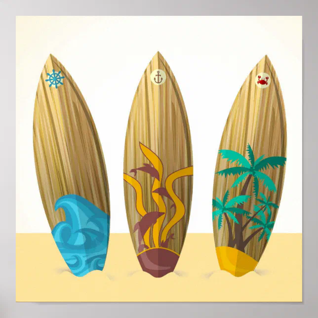 Retro Surfboards Sun Surf Sand Poster | Zazzle