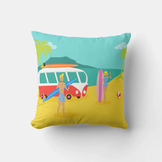 Retro Surfer Couple Outdoor Pillow | Zazzle