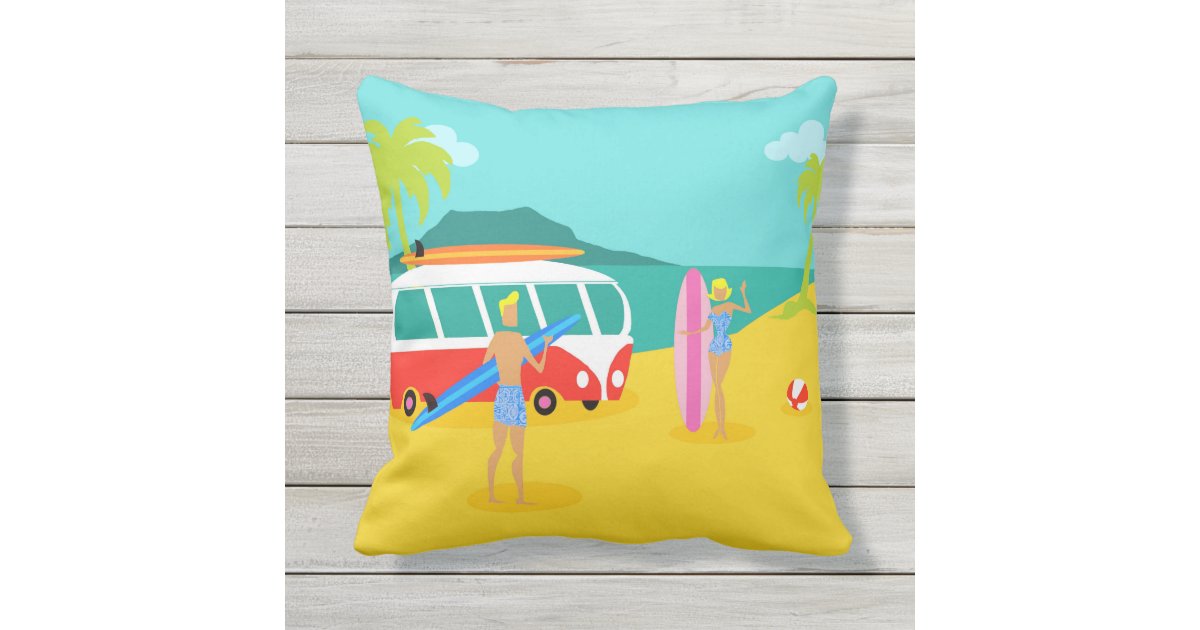 Retro Surfer Couple Outdoor Pillow | Zazzle.com