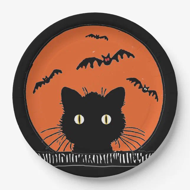 Retro Surprised Black Cat Halloween 9"Paper Plate | Zazzle