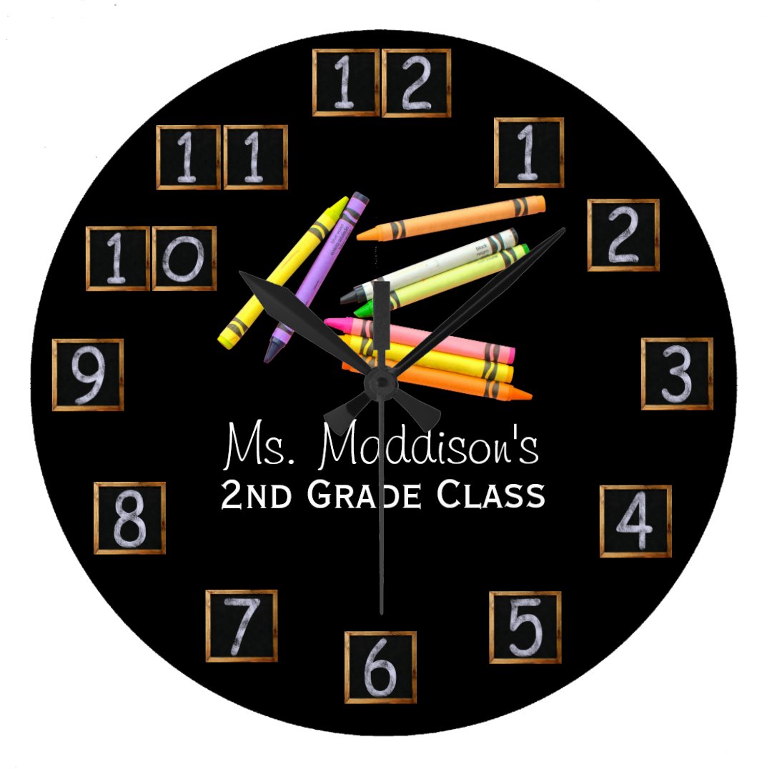 Retro Teacher Crayons Chalkboard Number Large Clock | Zazzle