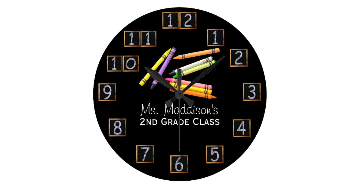 Retro Teacher Crayons Chalkboard Number Large Clock | Zazzle