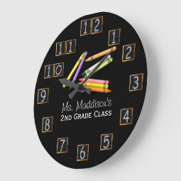 Retro Teacher Crayons Chalkboard Number Large Clock | Zazzle